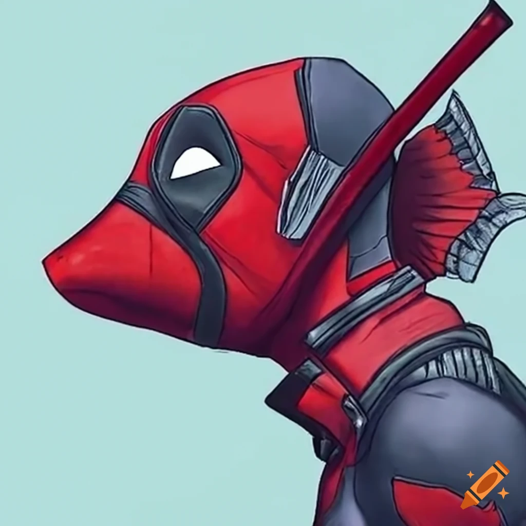 Creative depiction of a 'deadpool' fish caught in six-pack rings on Craiyon