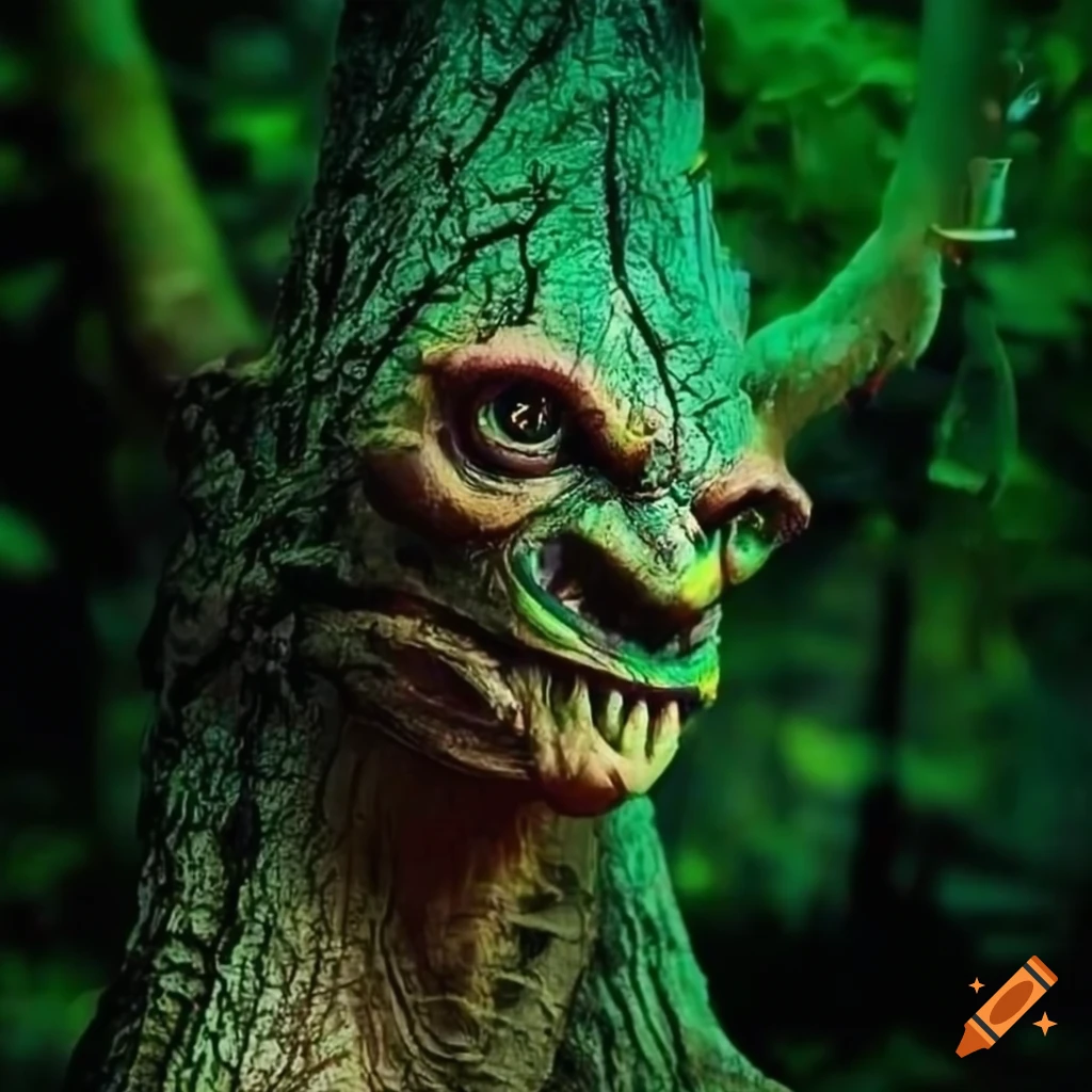 Rotten tree monster made of tree bark emerging from hyper-realistic ...