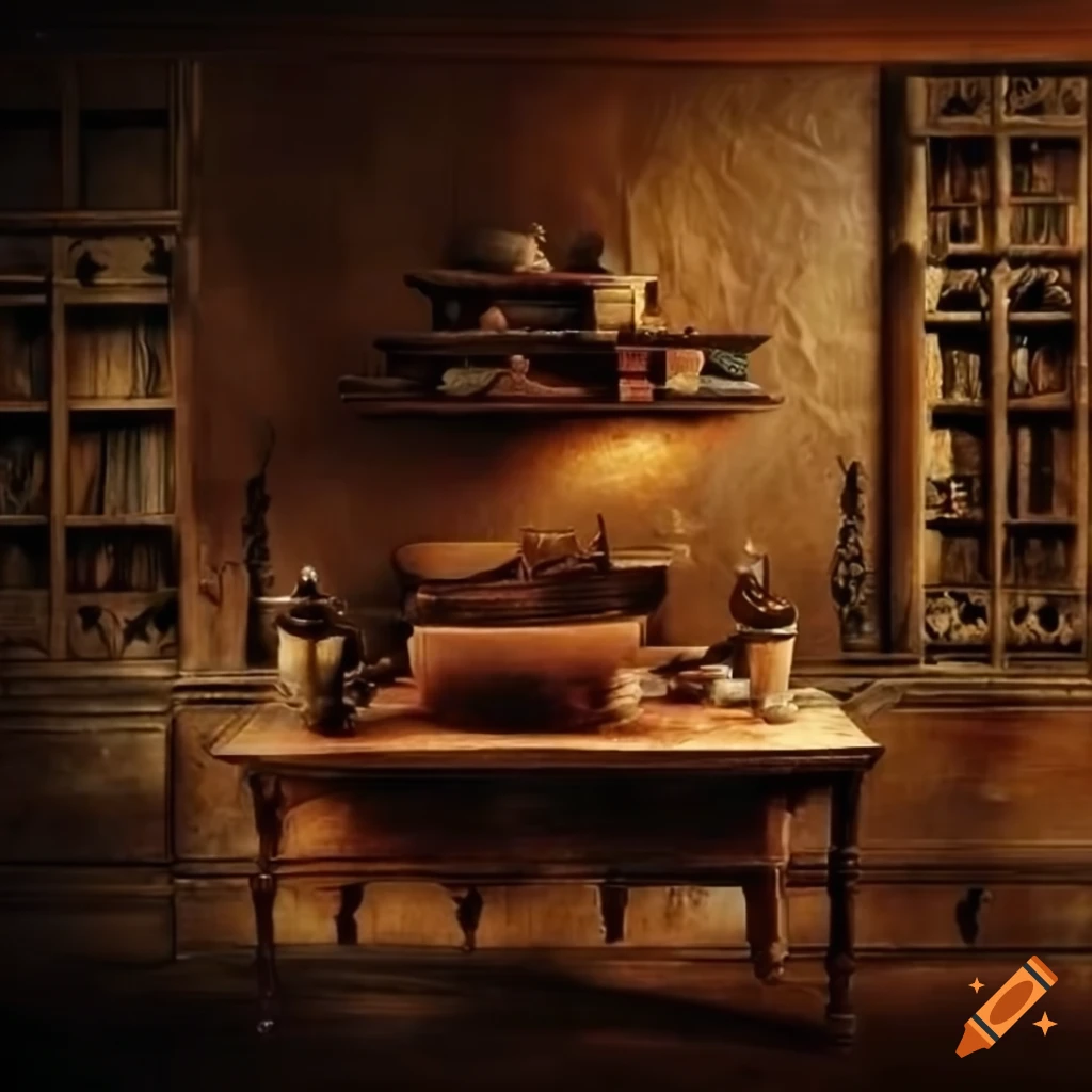 Old magical writing room with shelves of parchment, scrolls, and ...
