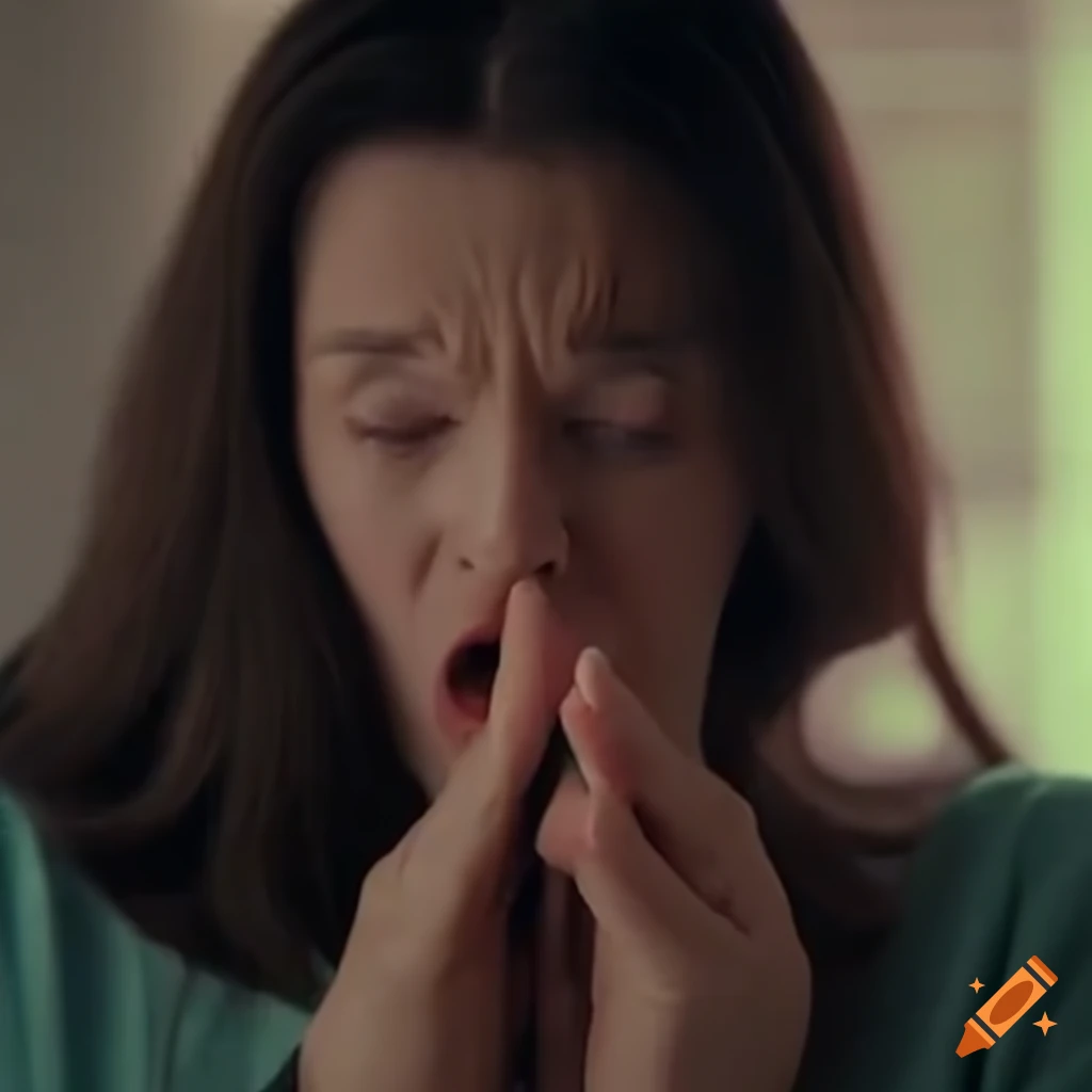 Young woman with a surprised expression sniffing her fingers on Craiyon