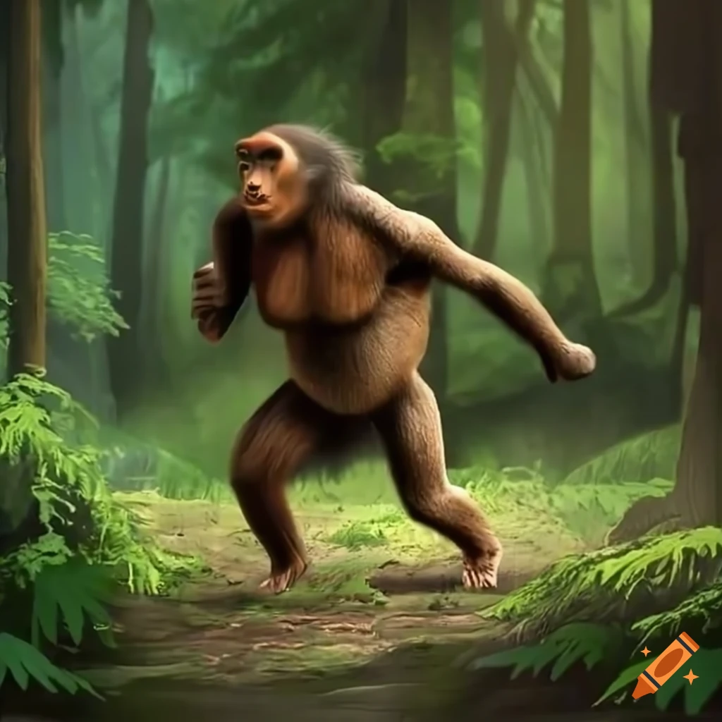 Australopithecus afarensis running in the forest on Craiyon