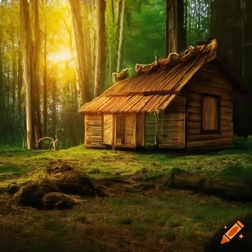 Simple wooden hut in a bright enchanted forest with midday sun on Craiyon
