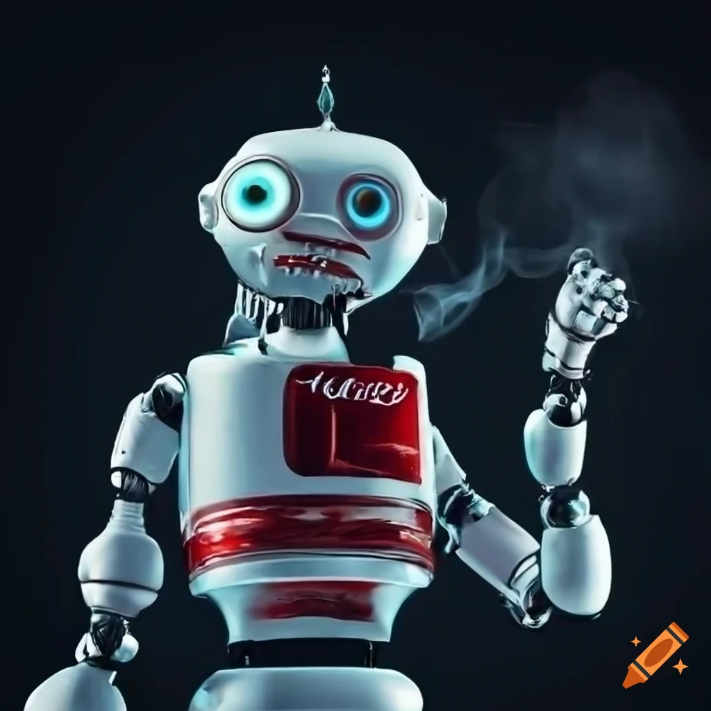Sophisticated laughing robots enjoying a cigarette and a coke on Craiyon