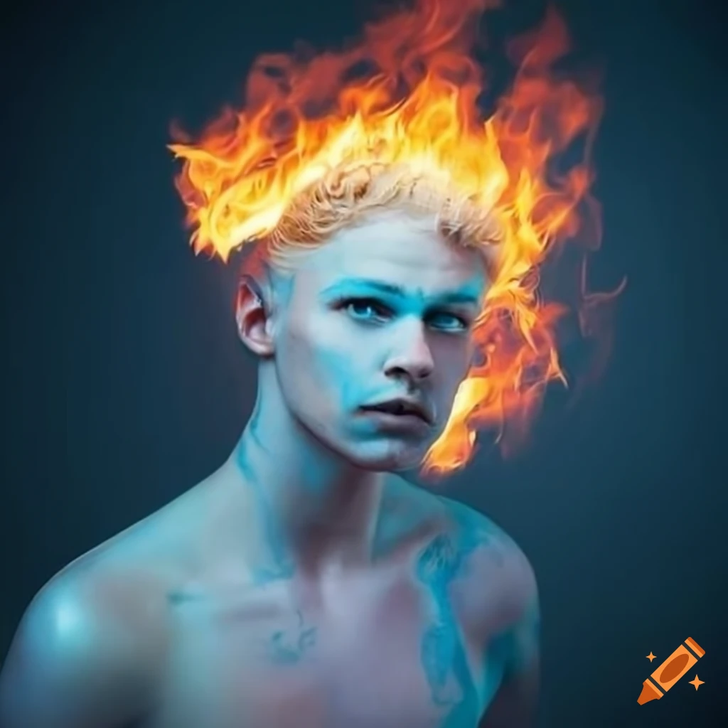 Portrait of a male with blue skin and fire powers on Craiyon