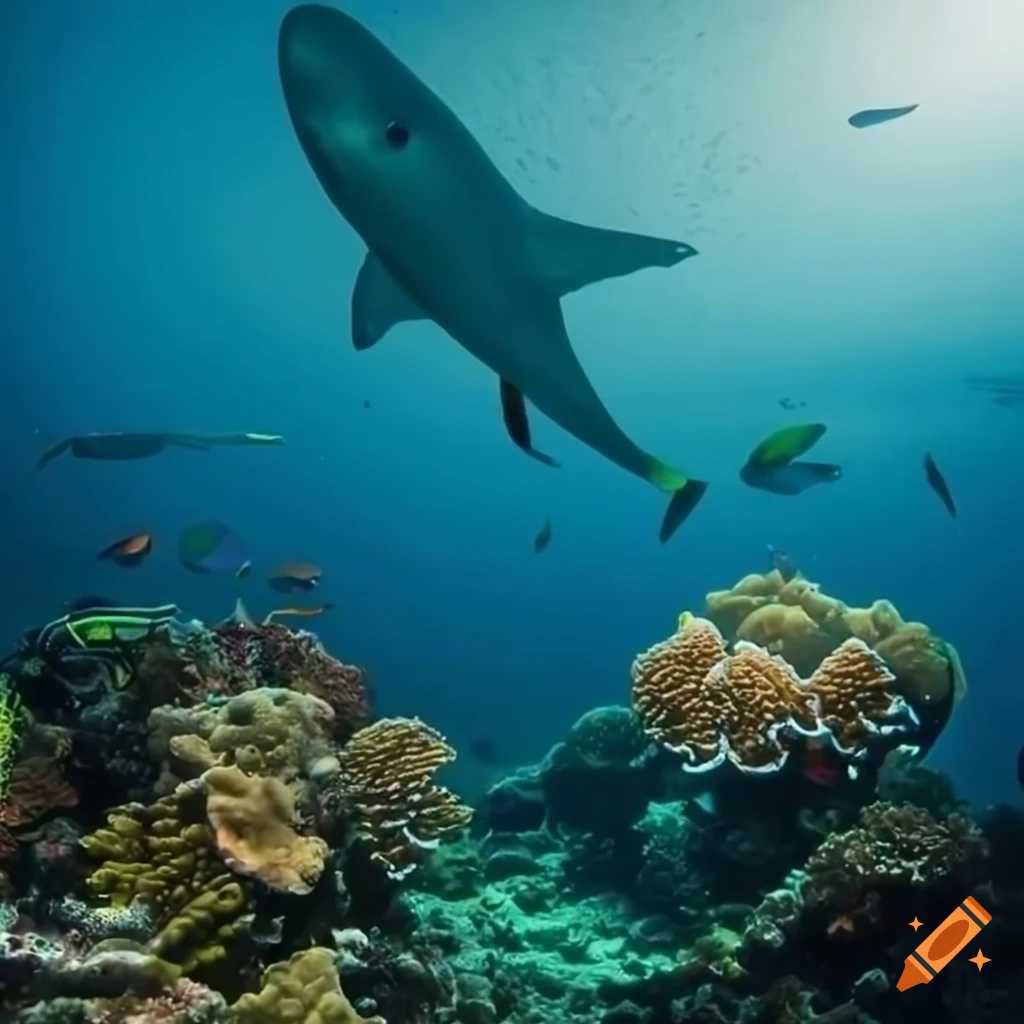 Vibrant coral reefs with sharks and a scuba diver in the depths on Craiyon