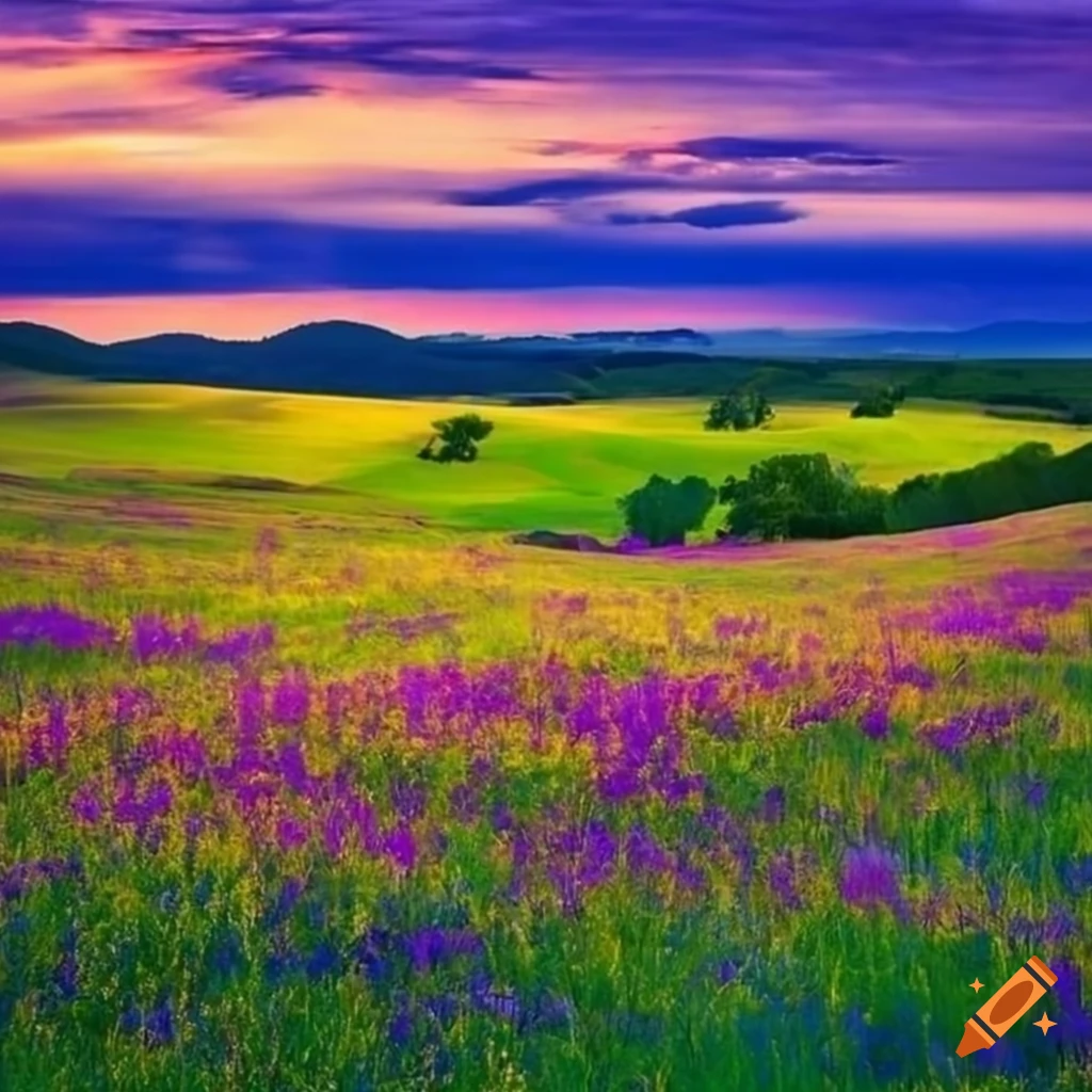 Serene landscape of rolling hills with lush grasses and wildflowers in ...