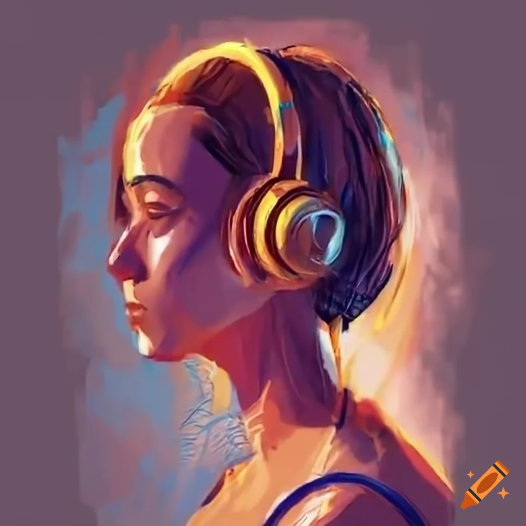 Person with headphones walking and tuning into radio station on Craiyon