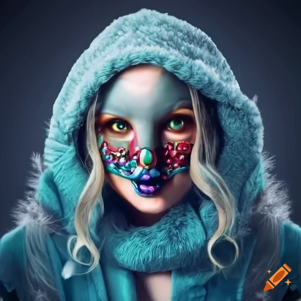 Mysterious female winter elf with colorful wooden mask and long coat on ...
