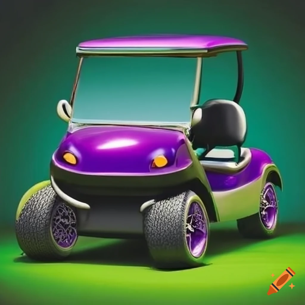 Purple and green golf cart on grass on Craiyon