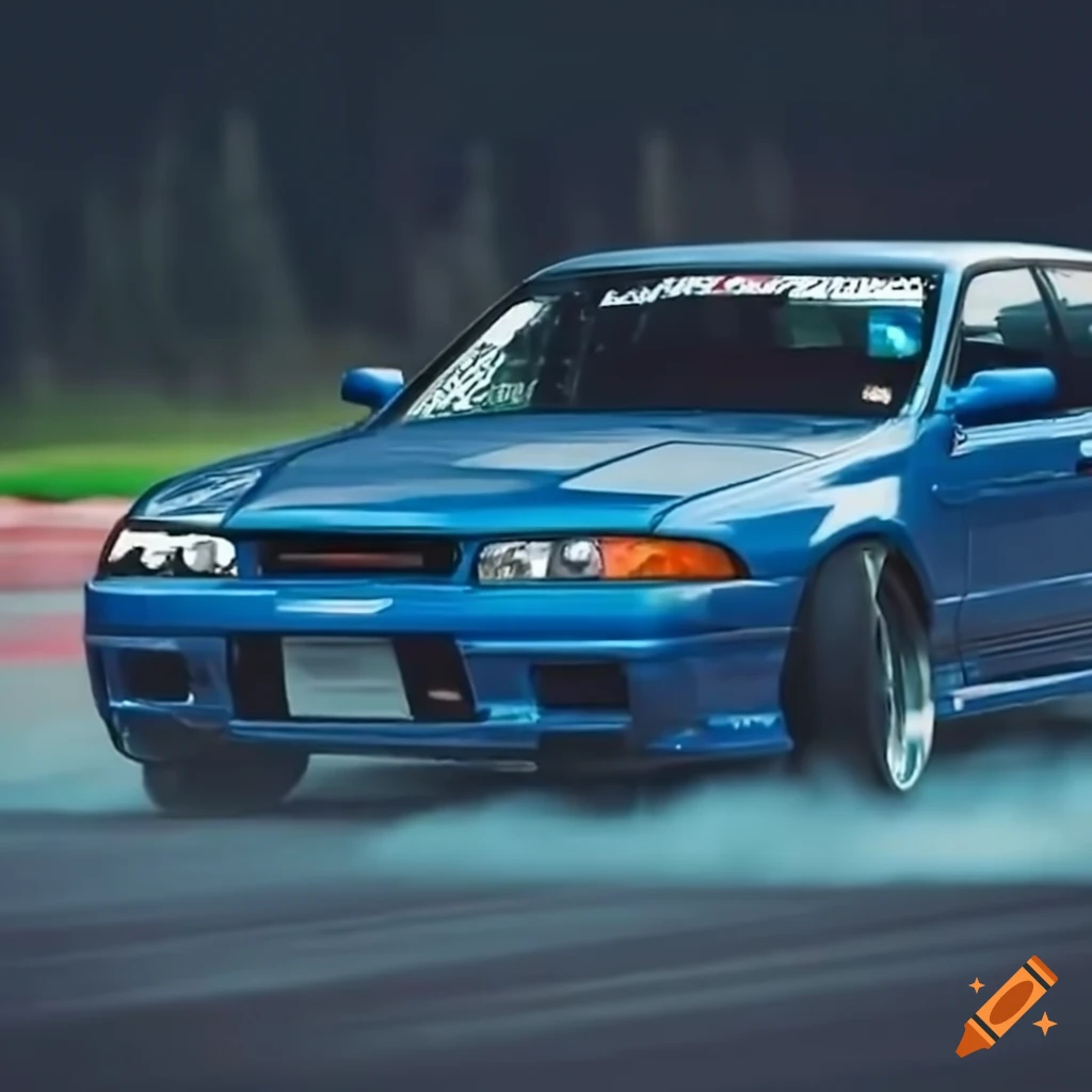 Nissan skyline r32 sedan drifting on a race track on Craiyon