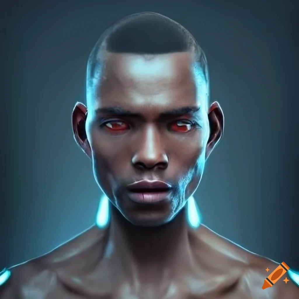 Photorealistic image of a handsome black male cyborg under harsh lights ...