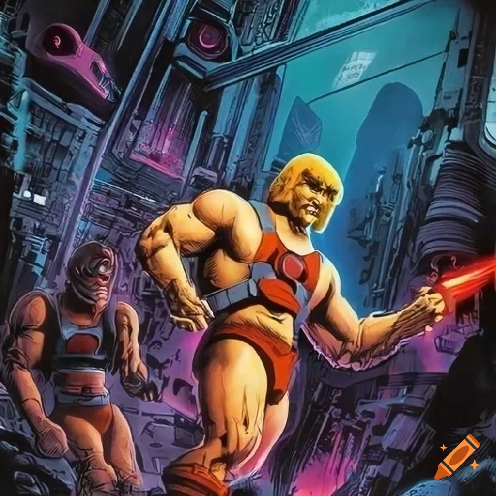 1980s action sci-fi cyberpunk movie poster featuring He-Man on Craiyon