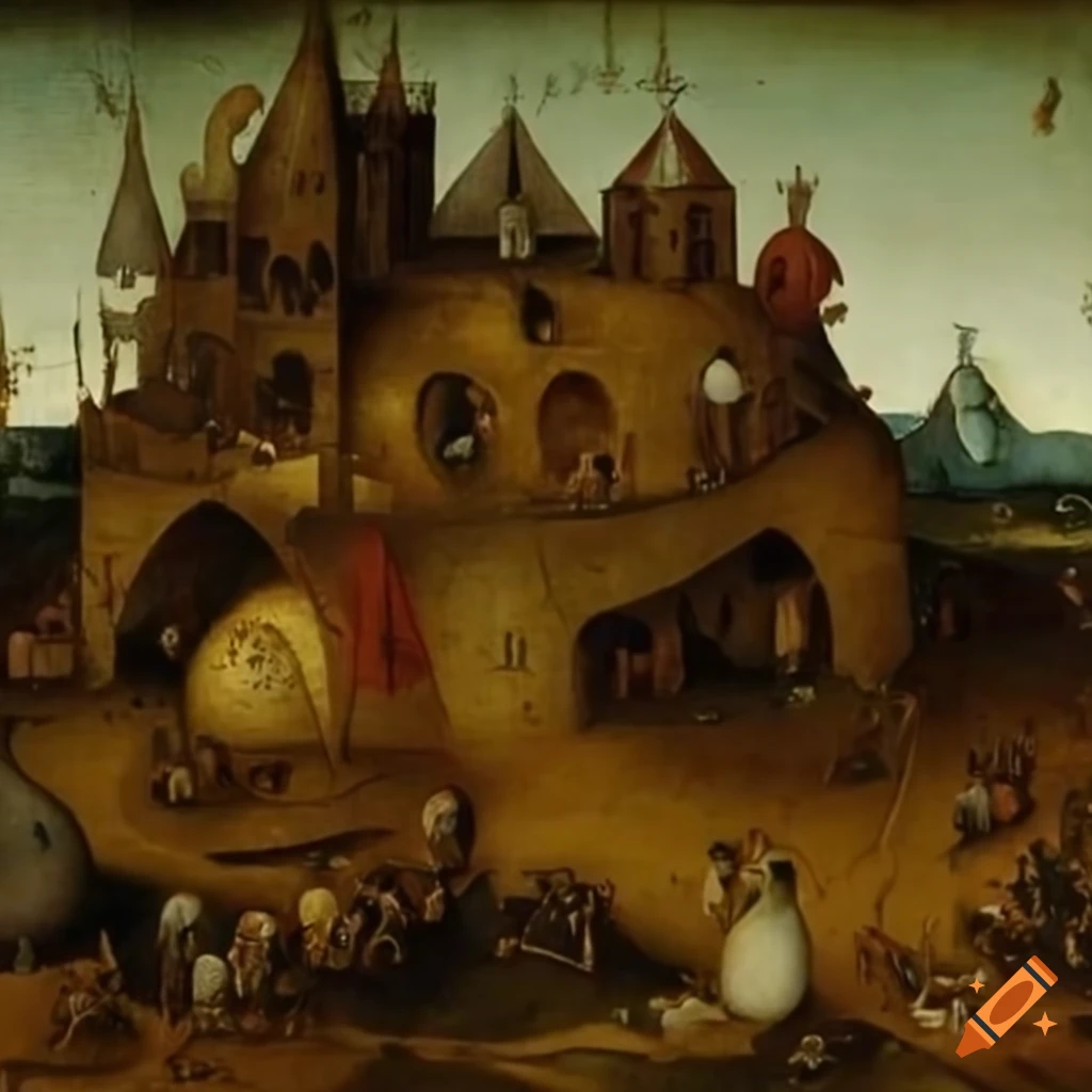 Hellish landscape art by Hieronymus Bosch on Craiyon