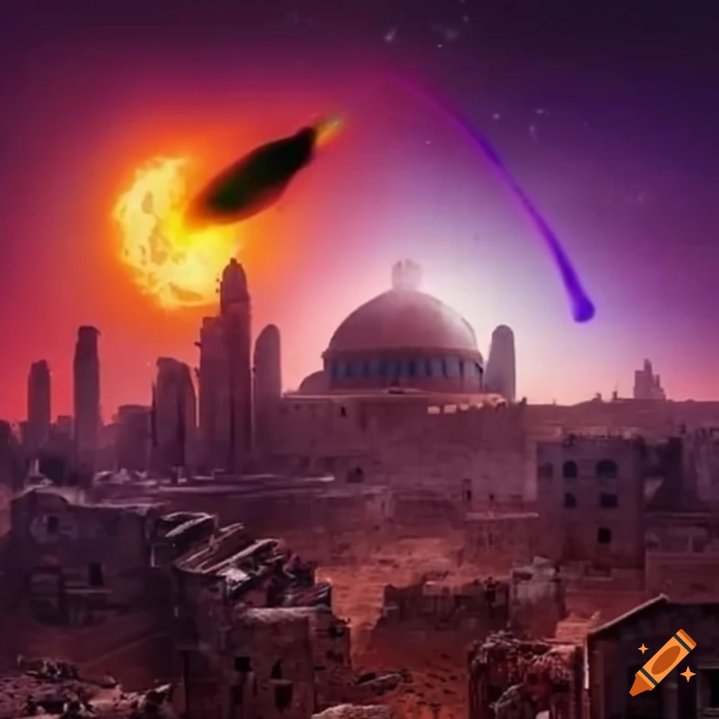 Post-apocalyptic city ruins in space with meteor strikes on Craiyon