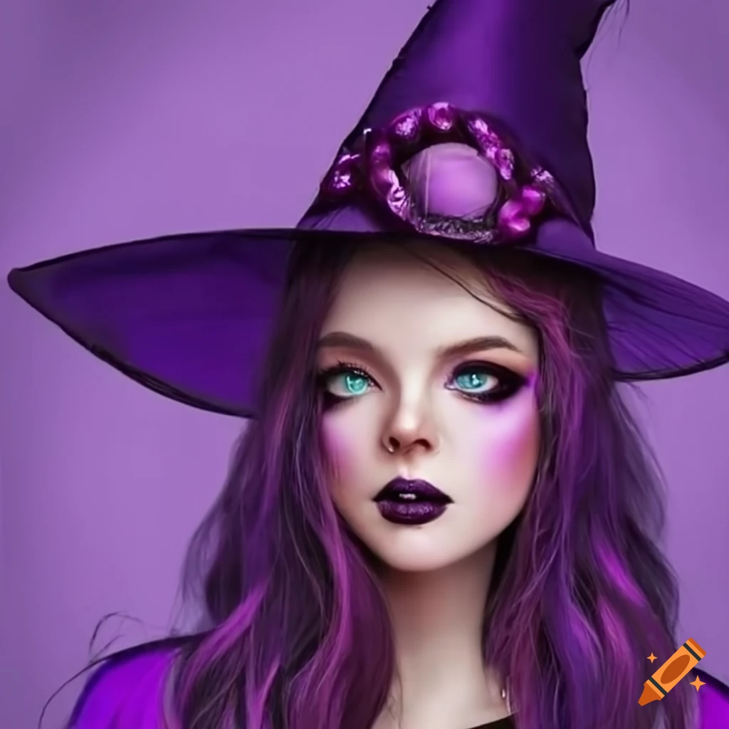 Girl wearing purple witch costume with captivating eyes on Craiyon