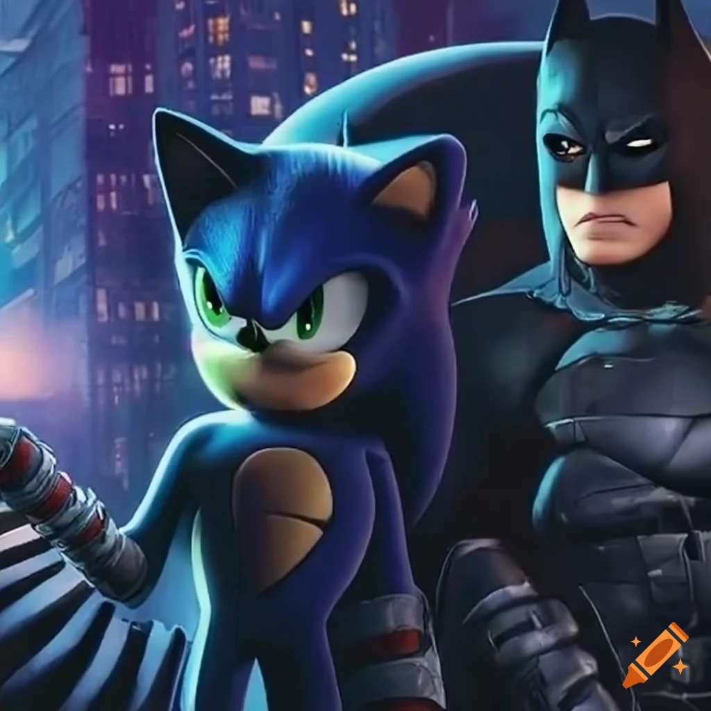 Sonic and Batman on a road trip in the Batmobile in Gotham City on Craiyon