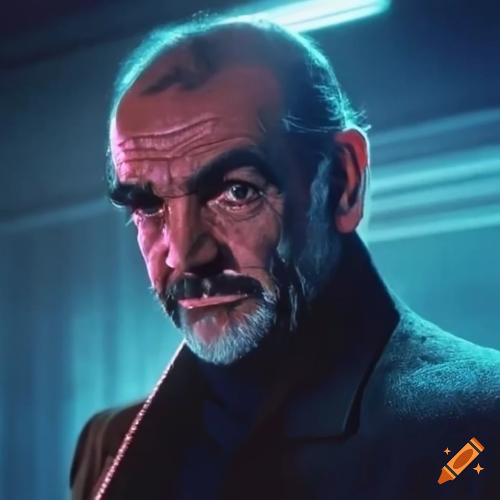 Sean connery in a high-detail 1980s action sci-fi cyberpunk movie scene ...