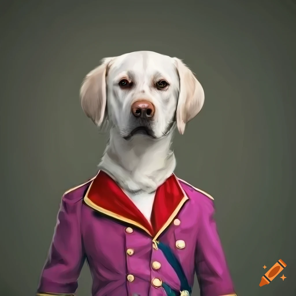 Anthropomorphic white labrador retriever in full dress uniform on Craiyon