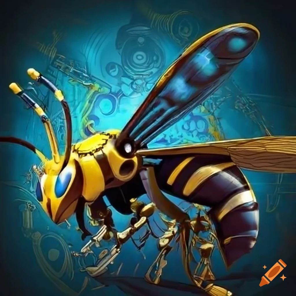 Giant techno steampunk hornet in yellow and blue colors on Craiyon