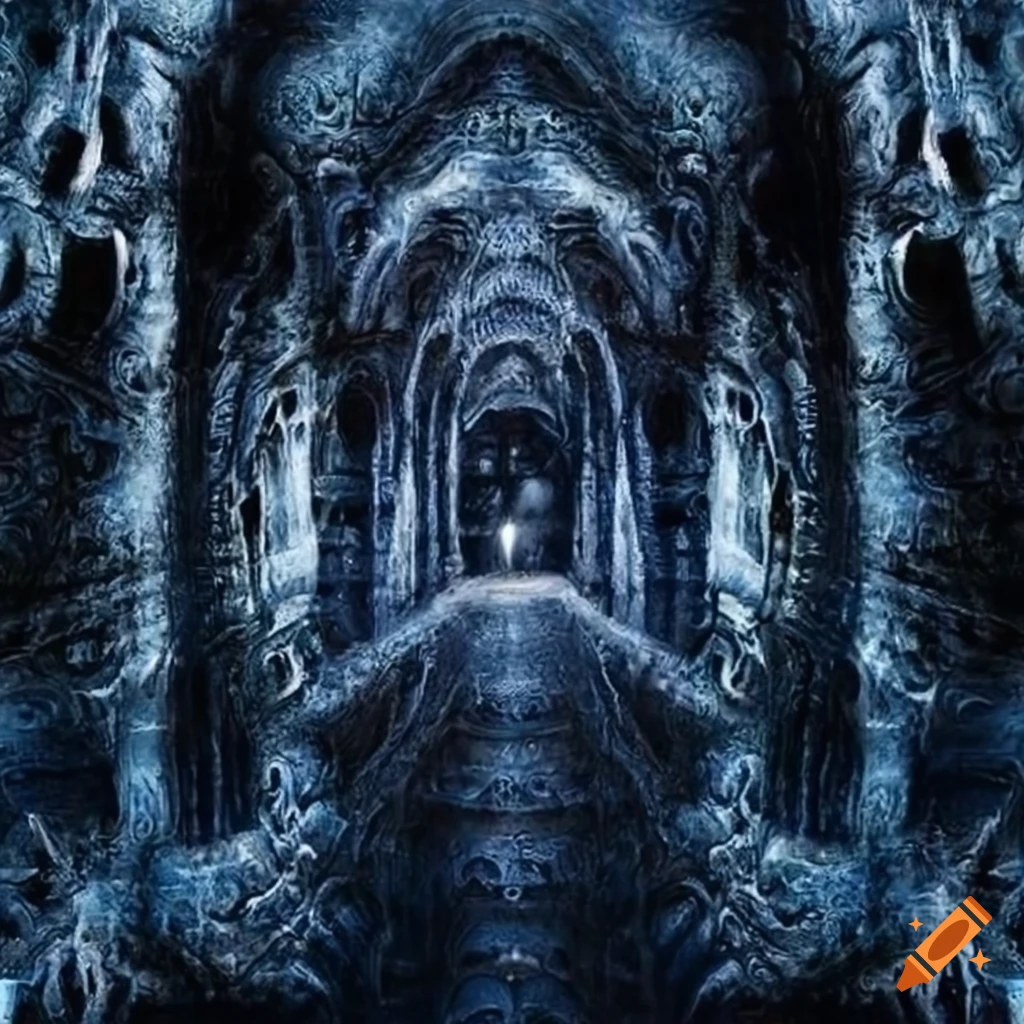 Dark blue cosmic horror temple passage with organic forms on Craiyon