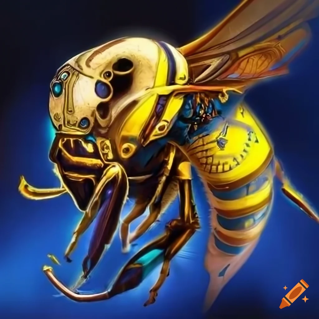 Angry wild technoid steampunk hornet in yellow and blue colors on Craiyon