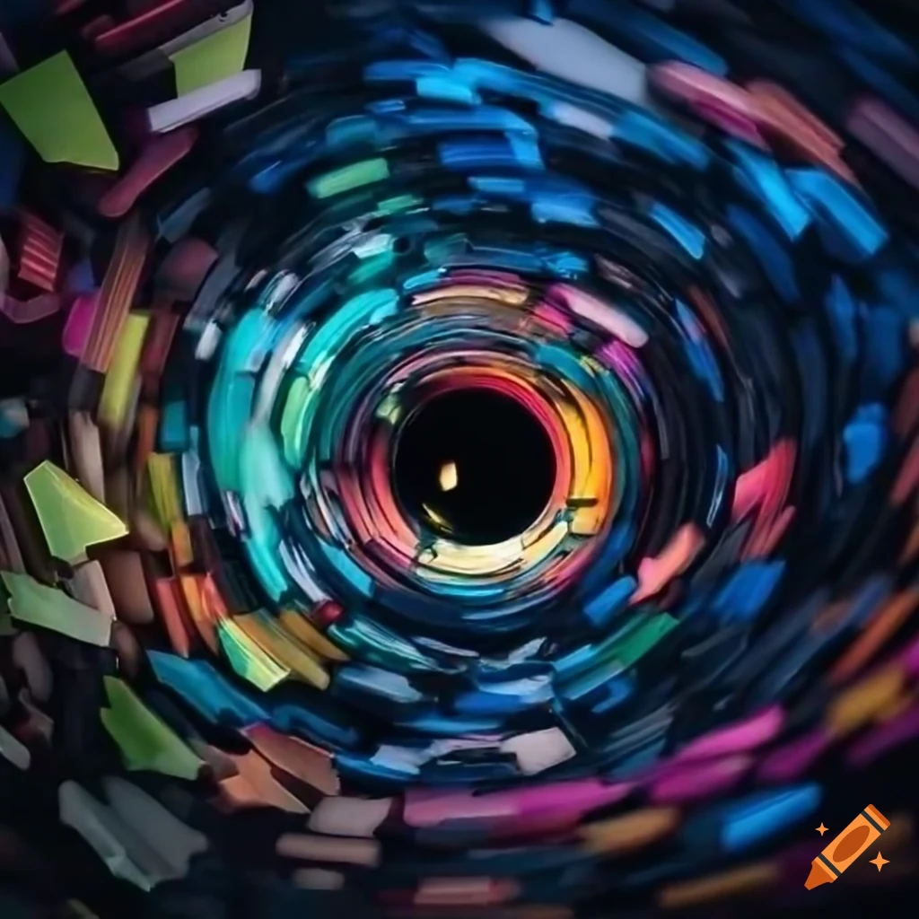 Colorful debris floating in a dark void and falling into a vortex on ...