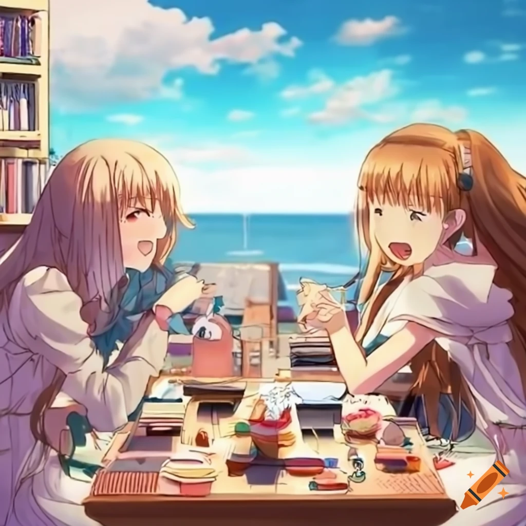 Cheerful anime girls studying science books at a tearoom terrace with a ...