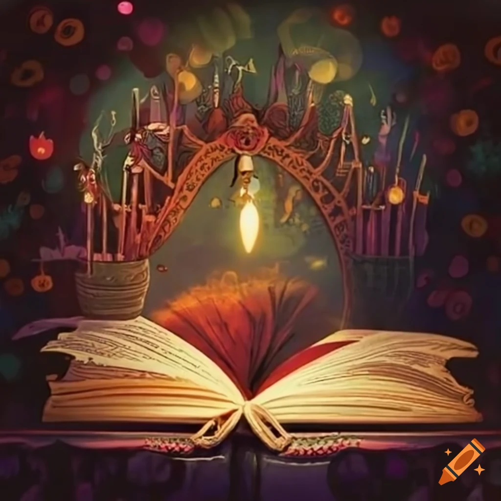 Illustration of a magical story book on Craiyon