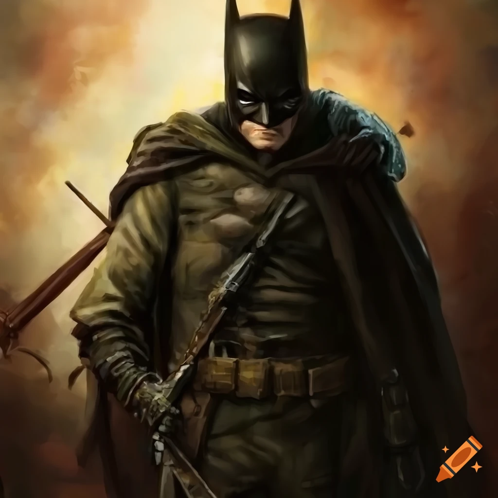Batman in world war two army regalia in a military painting on Craiyon