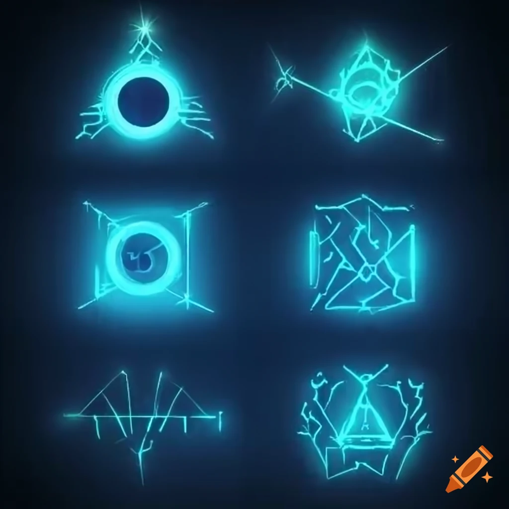 Glowing set of symmetrical summoning glyphs on Craiyon