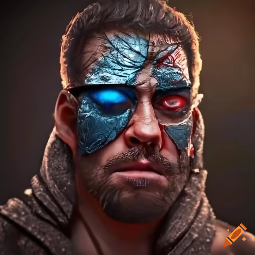 Intense warrior with eye patch in a close-up shot on Craiyon