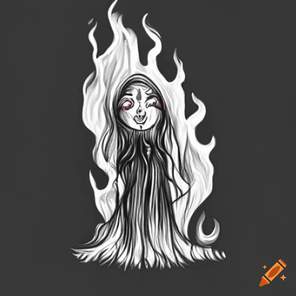 Witch engulfed in dark flames under black sky, black and white drawing ...