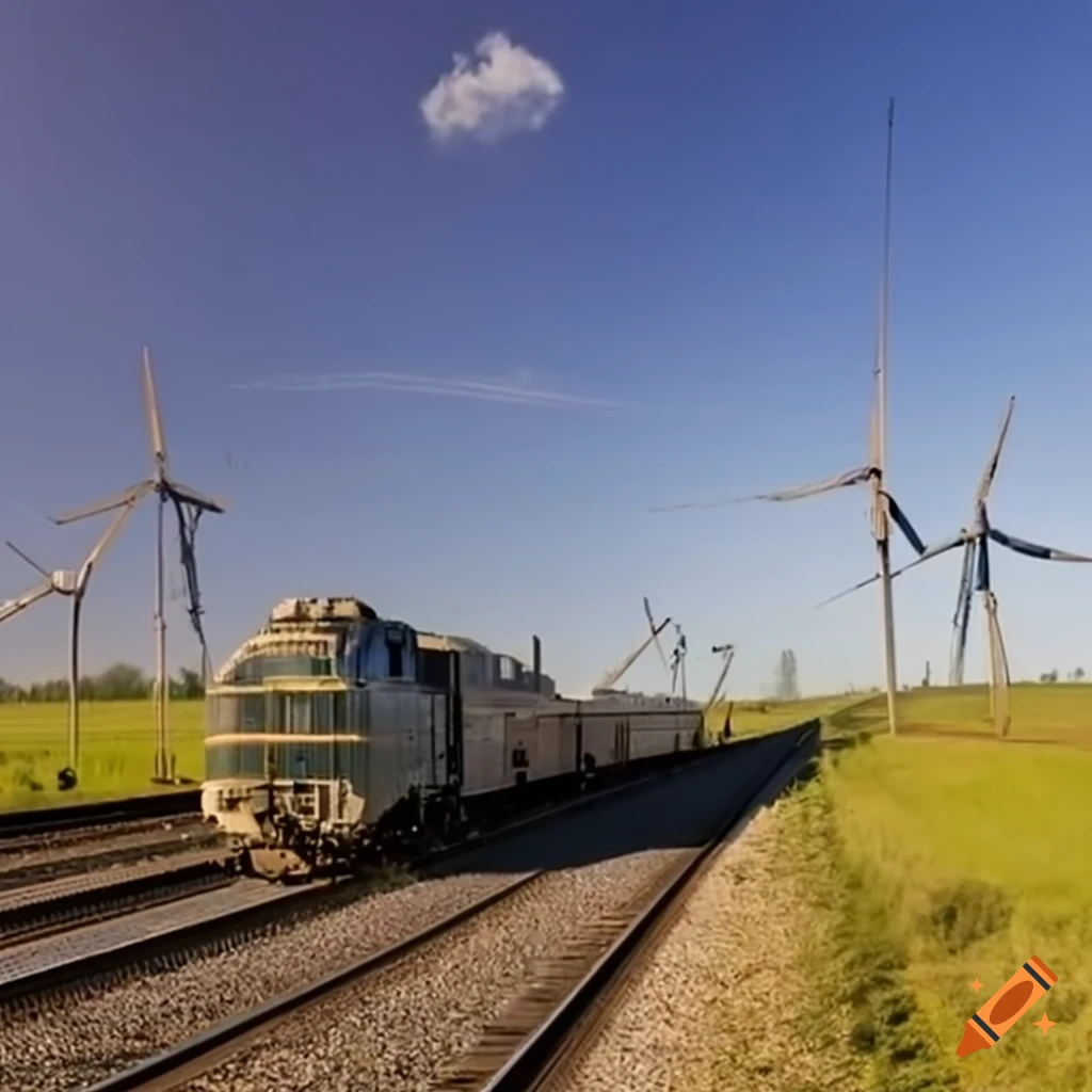 Train on railway with renewable energy sources in a landscape on Craiyon