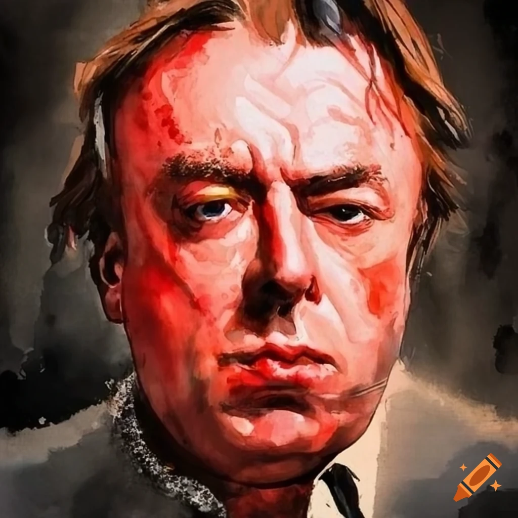 Christopher hitchens with a stern expression in red and black ...