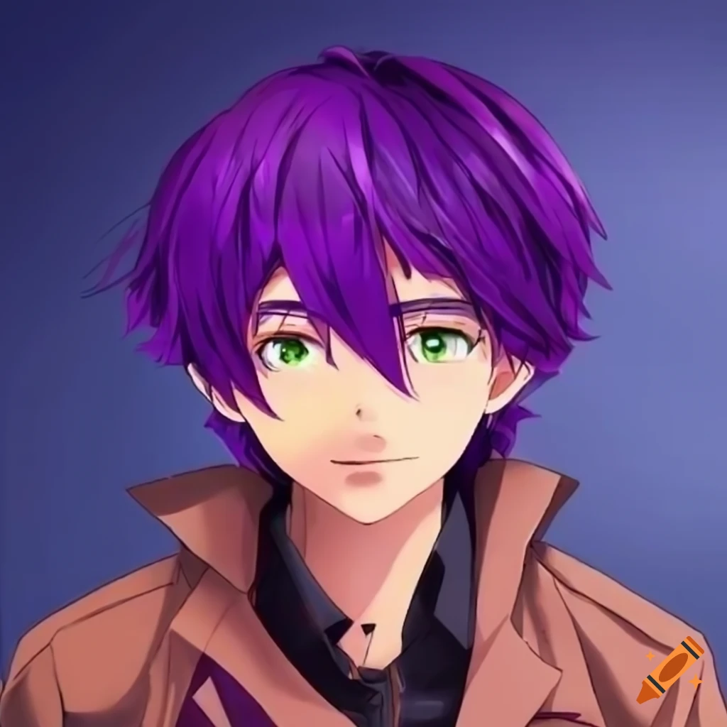 Purple-haired hispanic boy wearing a jacket in anime style on Craiyon