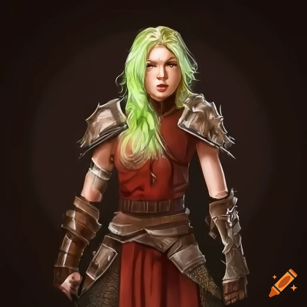 Blonde and green-haired woman with scars on face in DND warrior attire ...