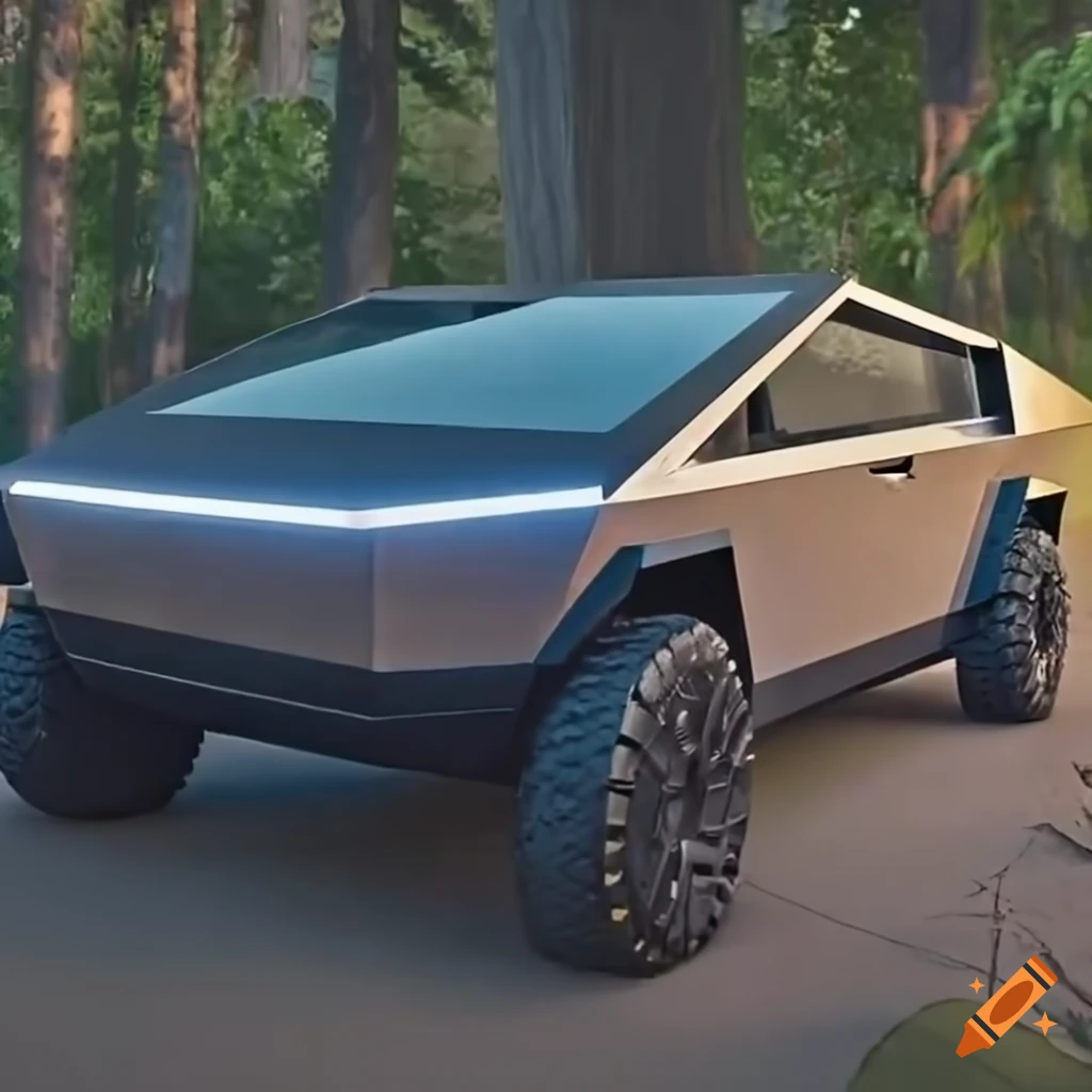 Tesla Cybertruck parked on Jurassic Park island on Craiyon