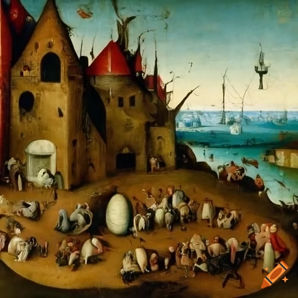 Hellish landscape art by hieronymus bosch on Craiyon
