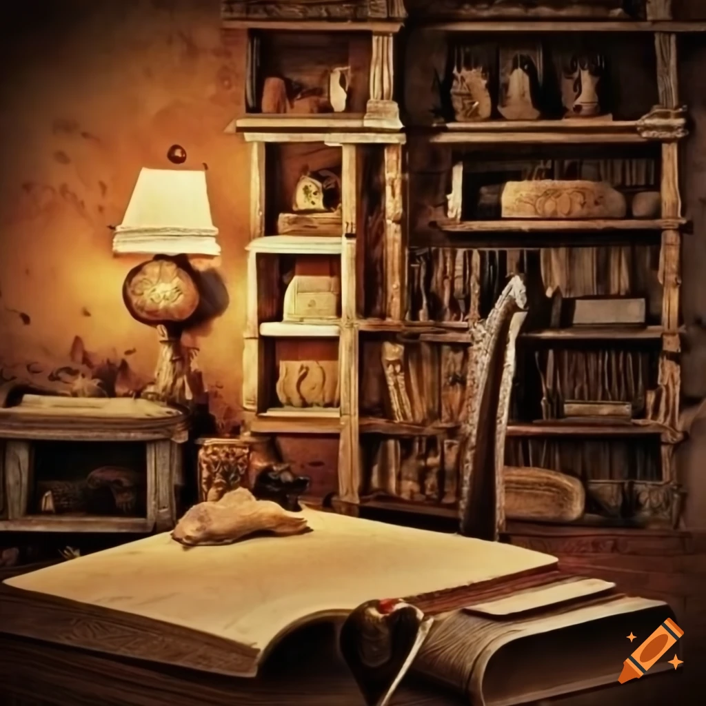 Old magical writing room with parchment scrolls, thick books, and ...