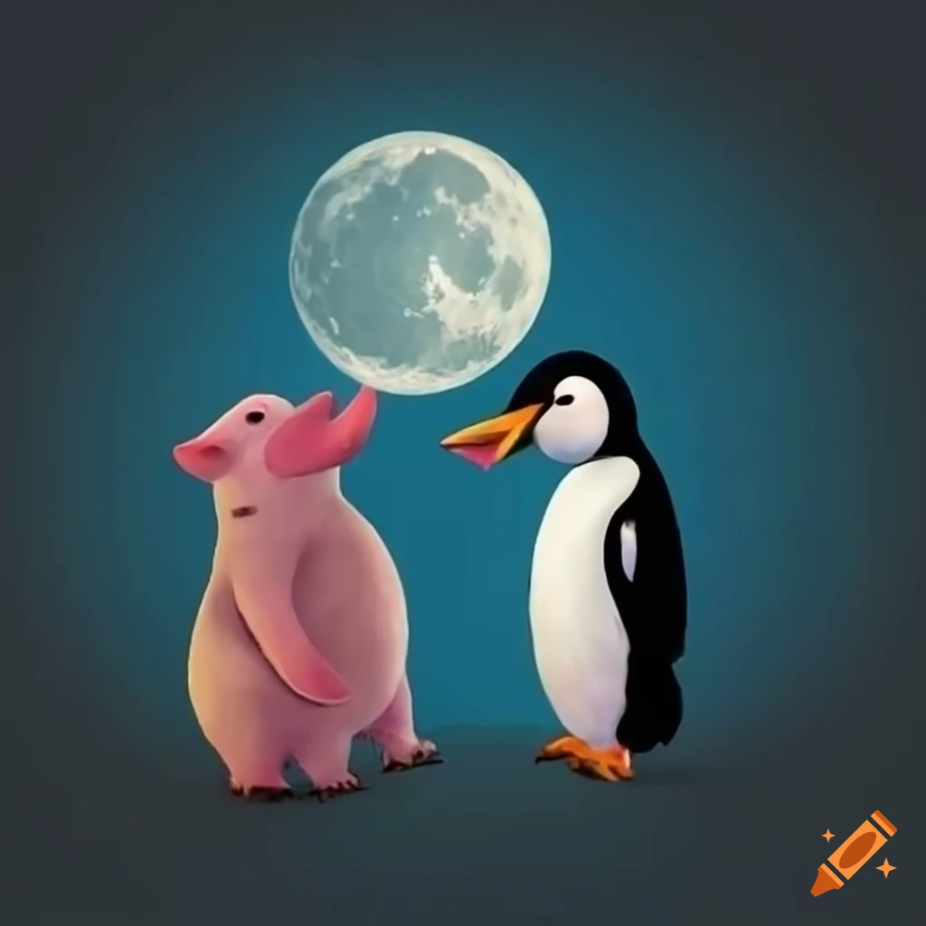 Penguin and pig kissing under a full moon on Craiyon