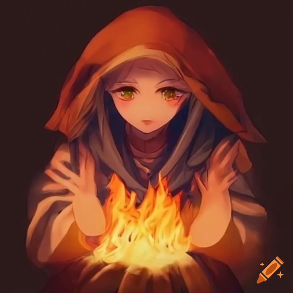 Peasant conjuring fire to light a campfire in anime style on Craiyon