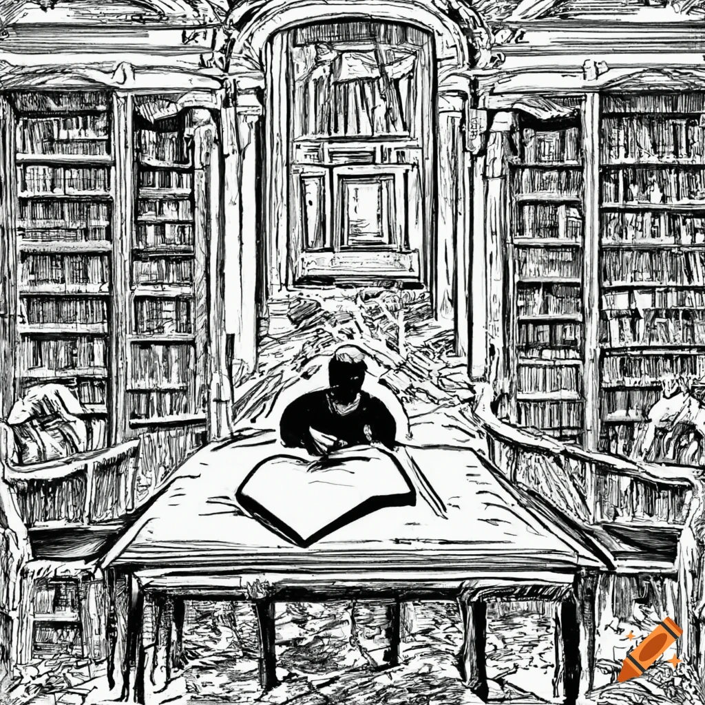 Mysterious man studying a dusty old book in an eerie library with 19th ...