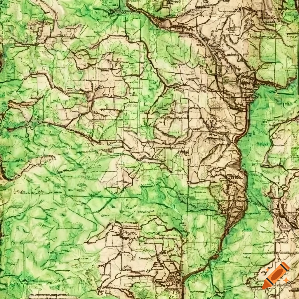 Detailed topographic map of forest region with marked hiking trails and ...