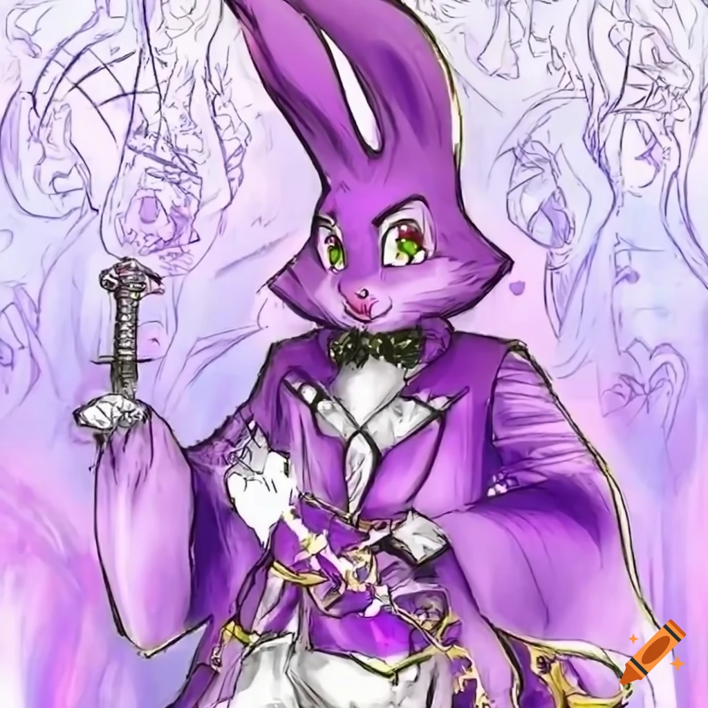 Anime anthropomorphic purple rabbit in magician clothes wielding swords ...