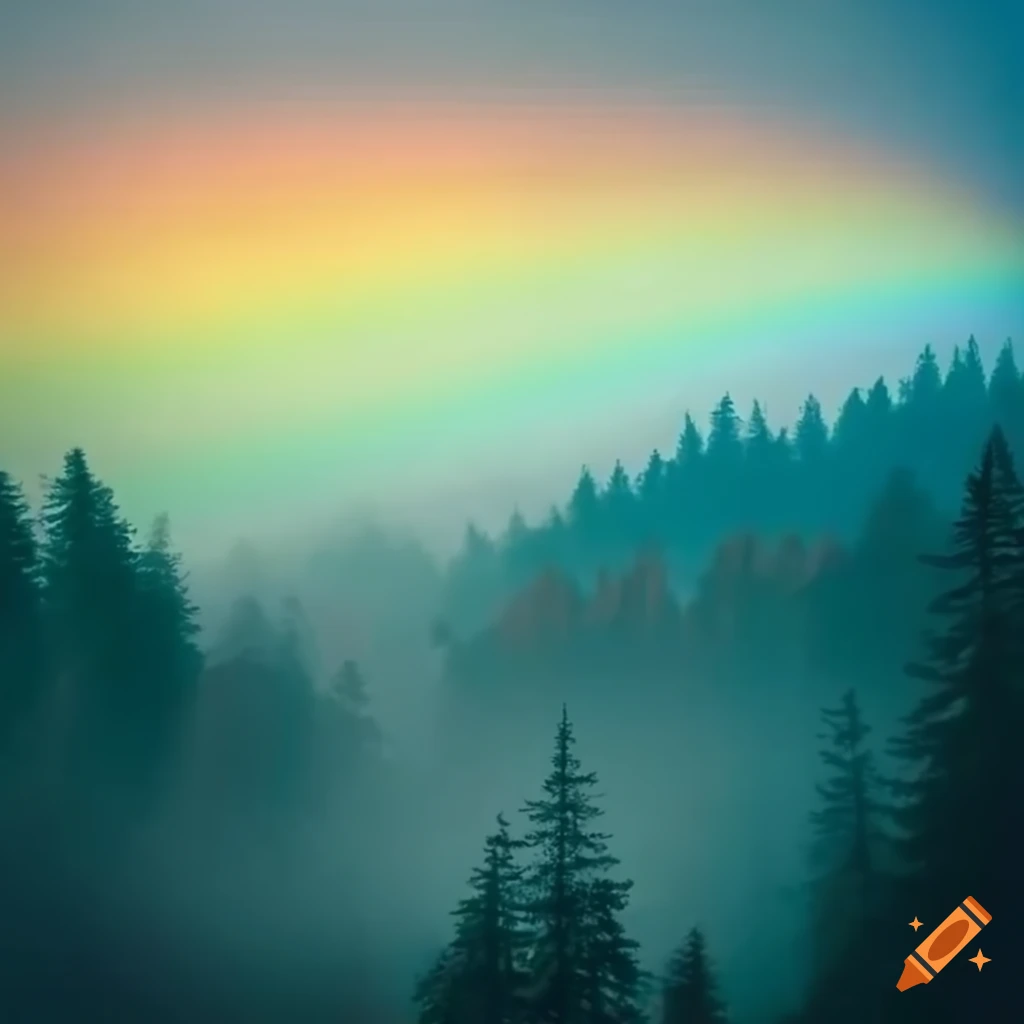 Foggy forest on a hill with tall trees and a hint of a rainbow on Craiyon