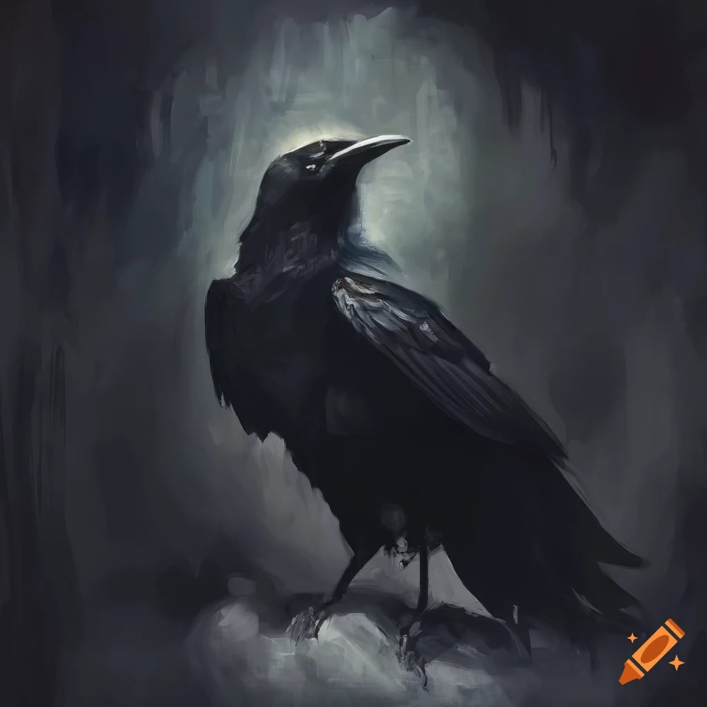 Dark romantic oil painting of raven on textured canvas on Craiyon