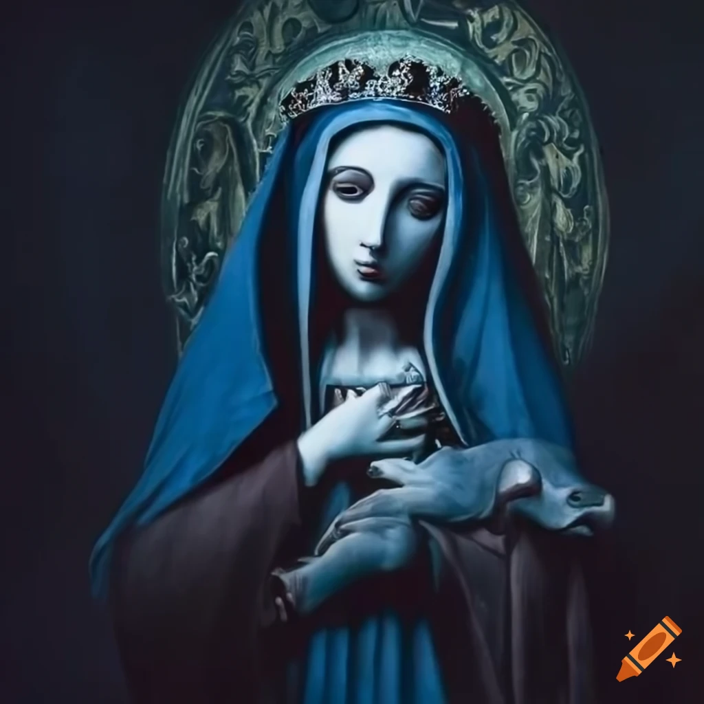 Mary holding a goat in gothic medieval setting with dim blue lighting ...