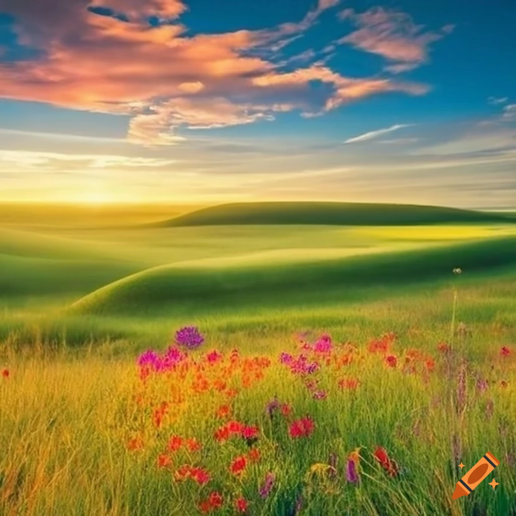Serene landscape of rolling hills with lush grasses and wildflowers in ...