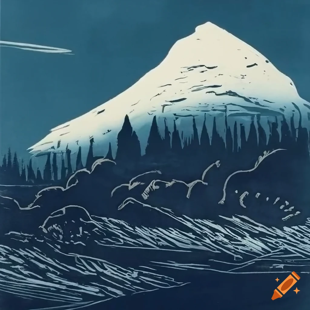 Misty mountains linocut inspired by thomas mann's magic mountain on Craiyon