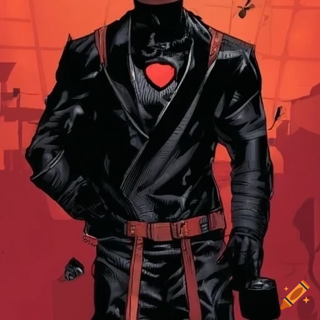 Comic book hero in black jacket and red extras on Craiyon